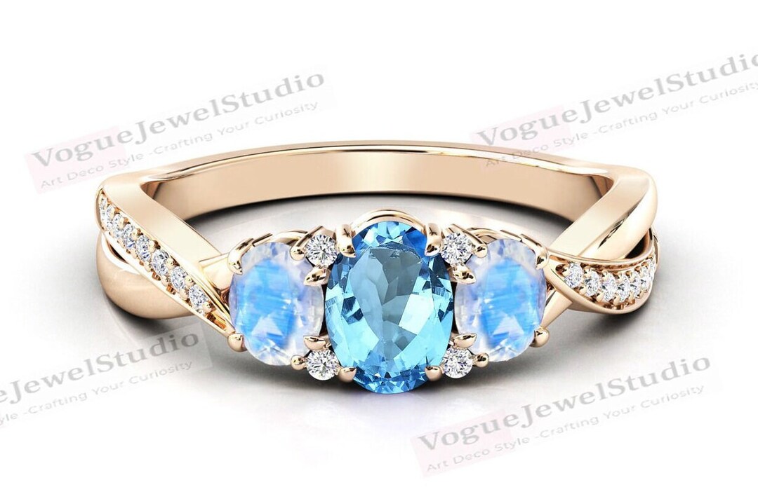 14k Gold Sky Blue Topaz Engagement Ring Art Deco Cluster Wedding Ring Art Deco Three Gemstone ...