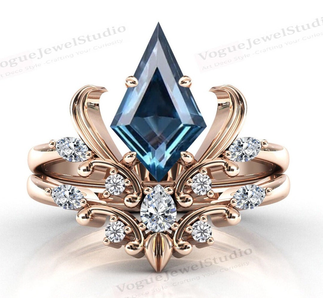 Kite Shaped London Blue Topaz Engagement Ring Set for Women 14k Rose ...