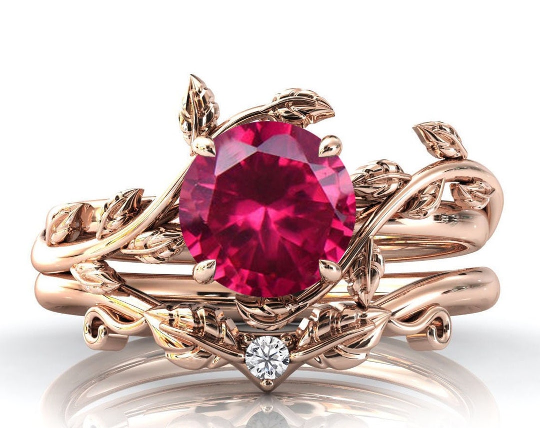 Art Deco Ruby Engagement Ring Set 14k Gold Ruby Wedding Ring Set Antique Leaf Style Ring Set ...