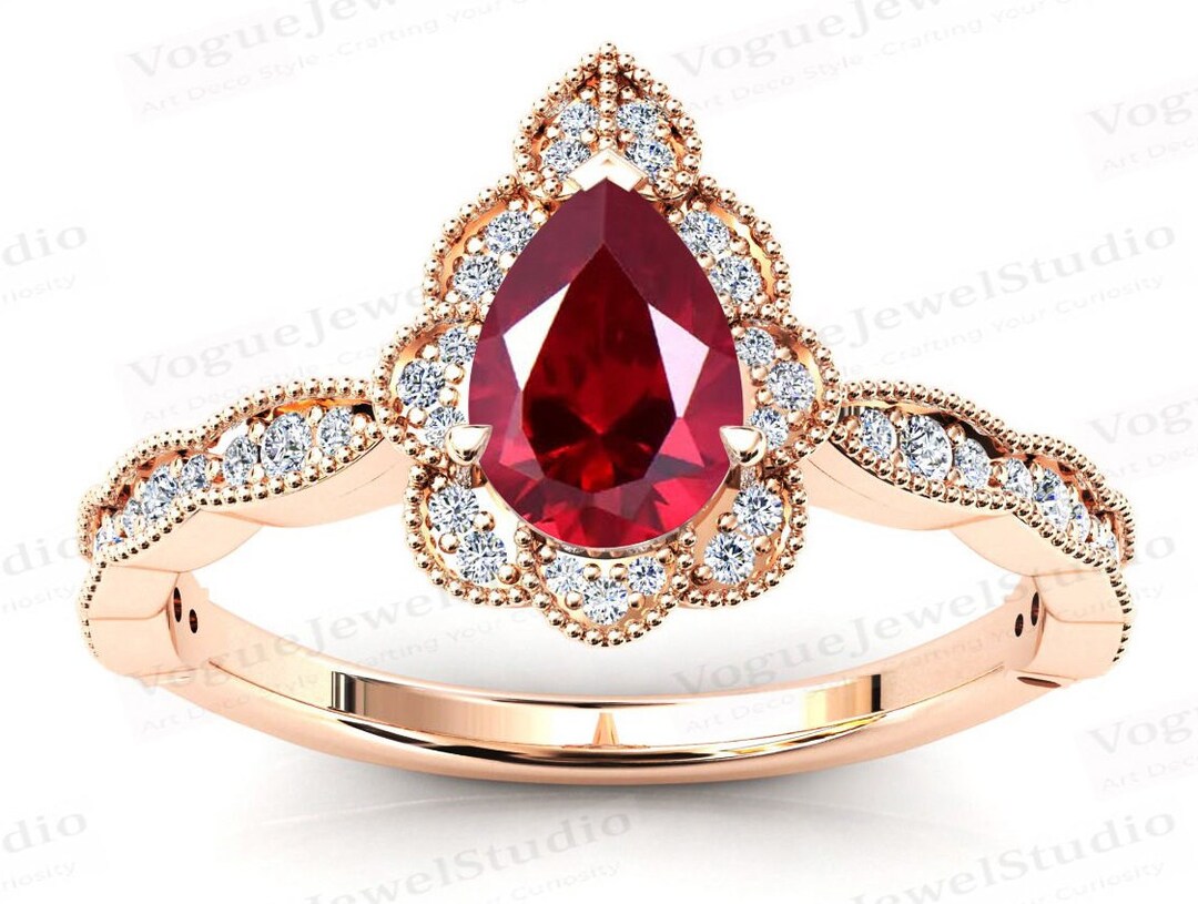 Art Deco Pear Shaped Ruby Engagement Ring 14k Rose Gold Ruby Wedding Ring Antique Milgrain Style ...