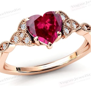 Unique Heart Shaped Ruby Engagement Ring Rose Gold Red Gemstone Wedding ...