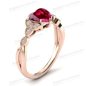 Unique Heart Shaped Ruby Engagement Ring Rose Gold Red Gemstone Wedding Ring Vintage Ruby Bridal ...