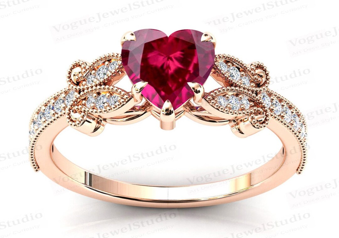 Art Deco Heart Shape Ruby Engagement Ring 14k Gold Red Ruby Wedding Ring Antique Leaf Style ...