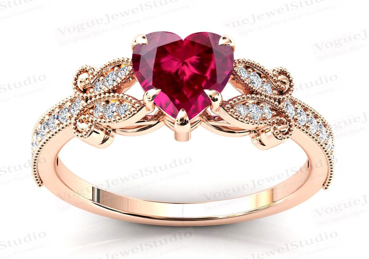 Art Deco Heart Shape Ruby Engagement Ring 14k Gold Red Ruby - Etsy