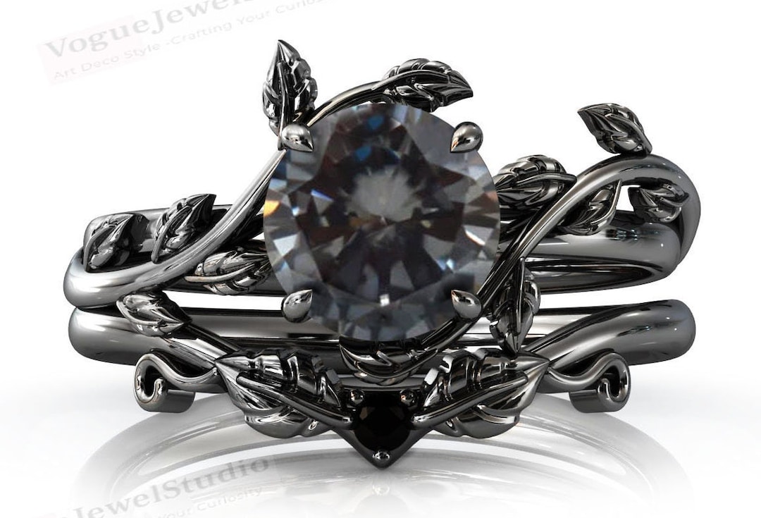 Unique Grey Spinel Engagement Ring Set Antique Leaf Design Grey ...