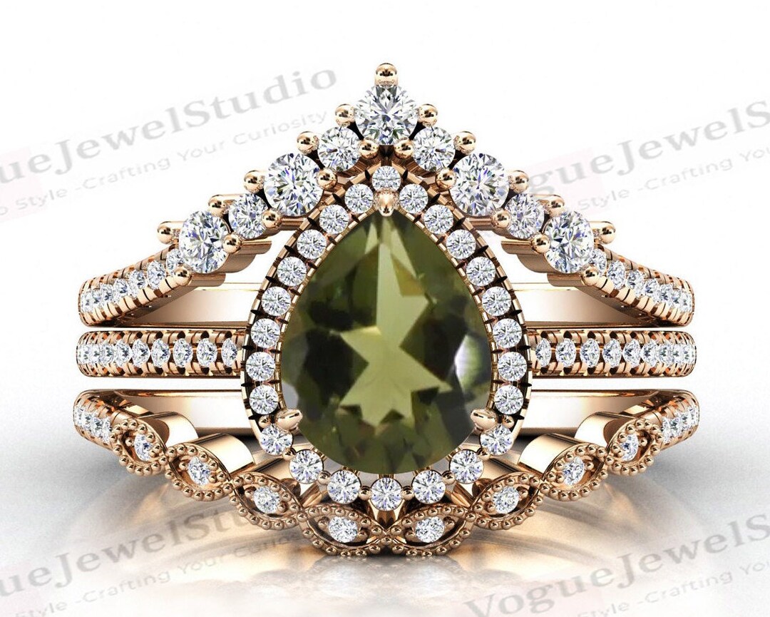 14k Rose Gold Moldavite Engagement Ring Set Antique Moldavite Wedding ...