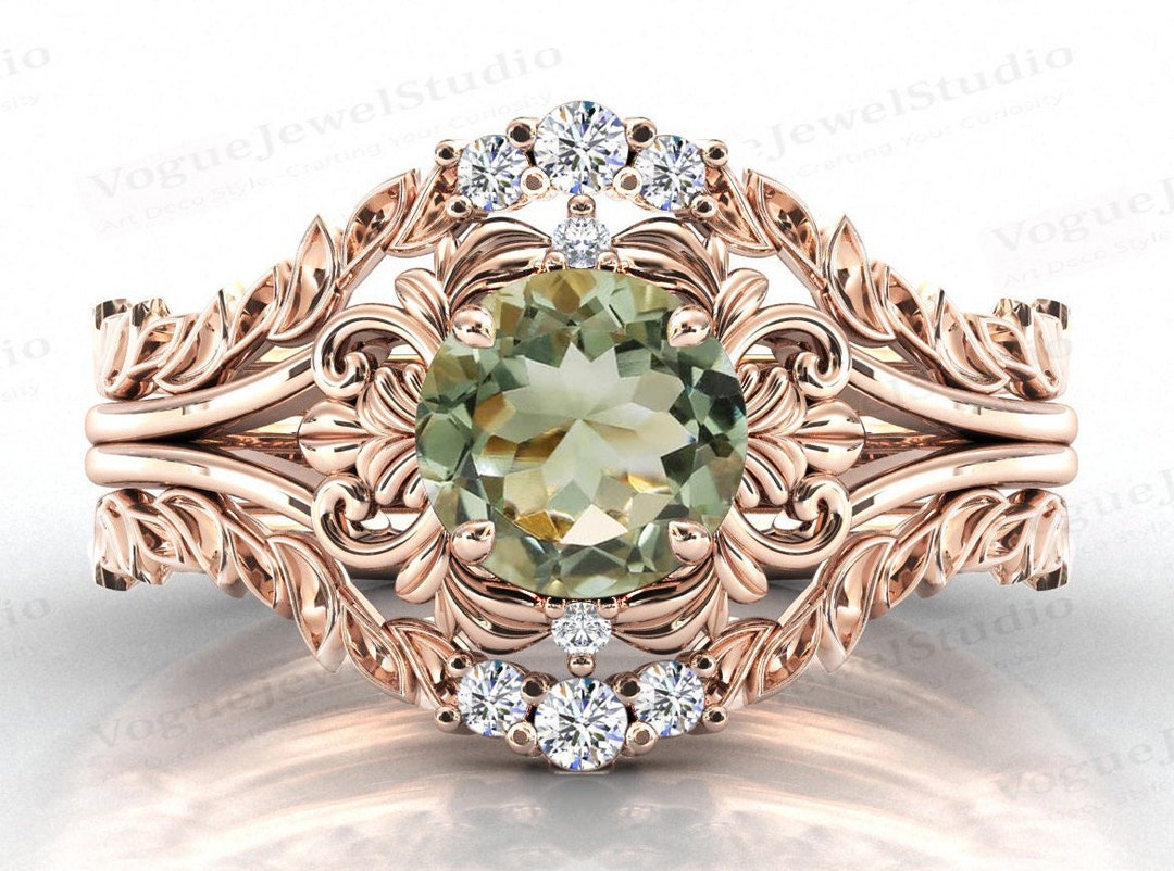 Unique Green Amethyst Engagement Ring Set Vintage Leaf Style Green ...