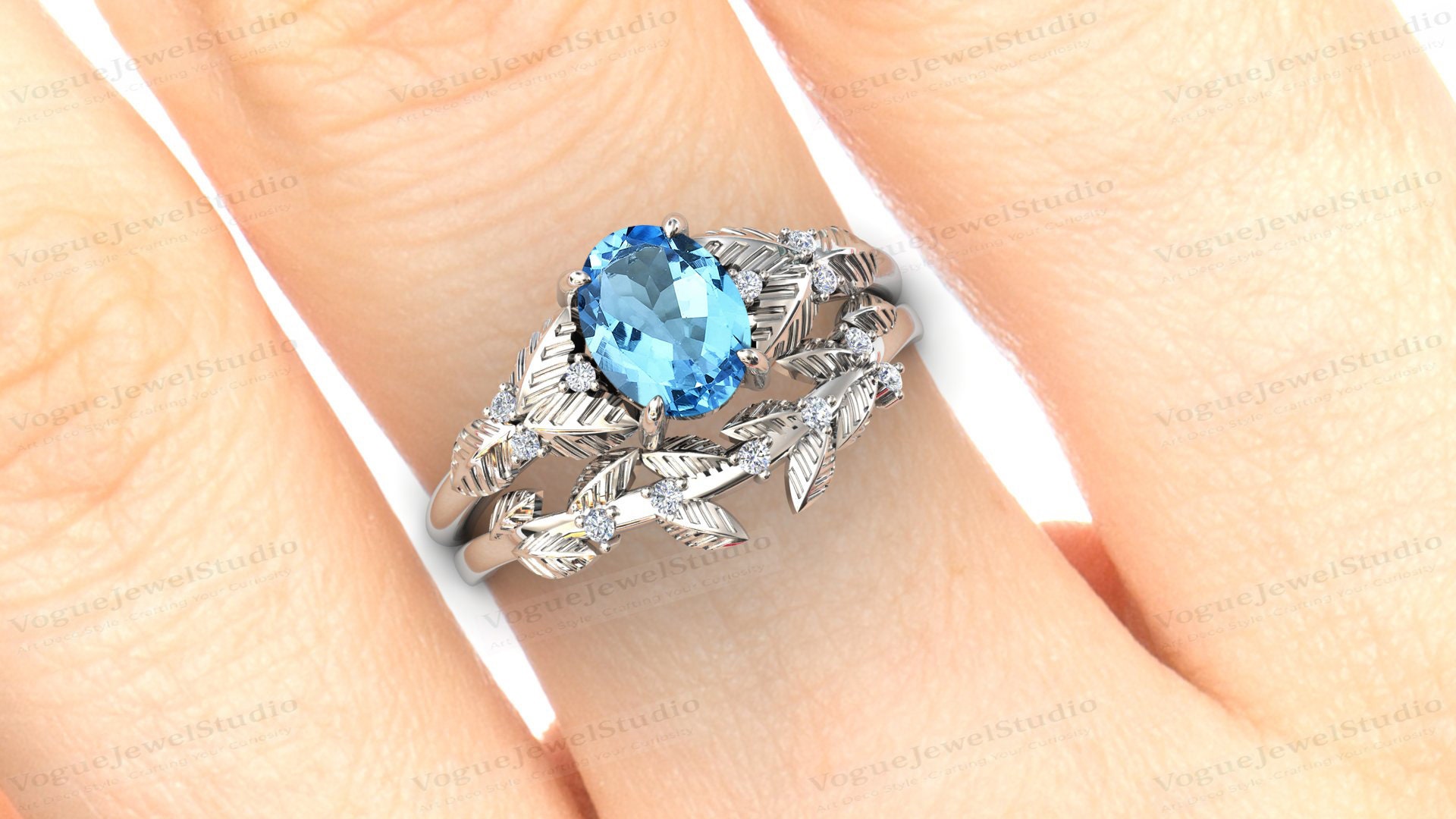 Vintage Sky Blue Topaz Engagement Ring Set Art Deco Leaf - Etsy