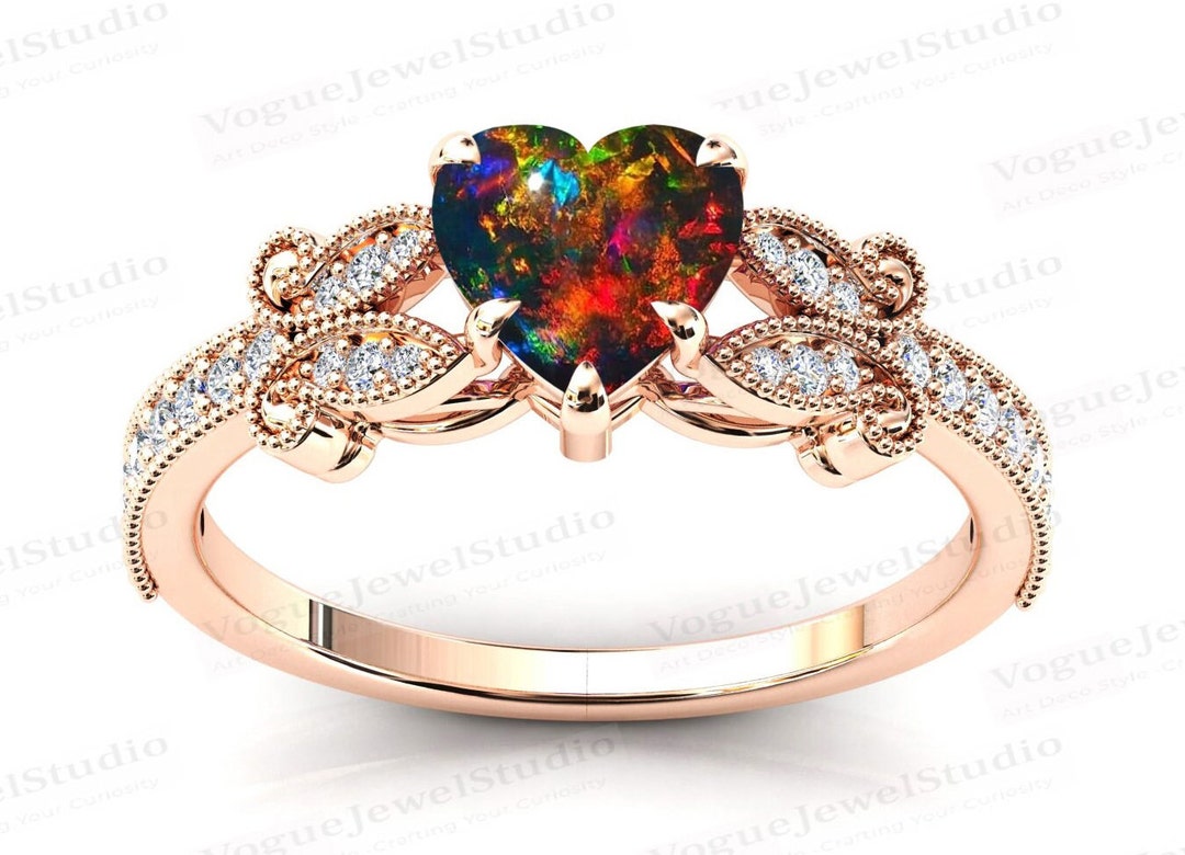 Unique Black Opal Engagement Ring for Her Heart Shaped Black Opal ...
