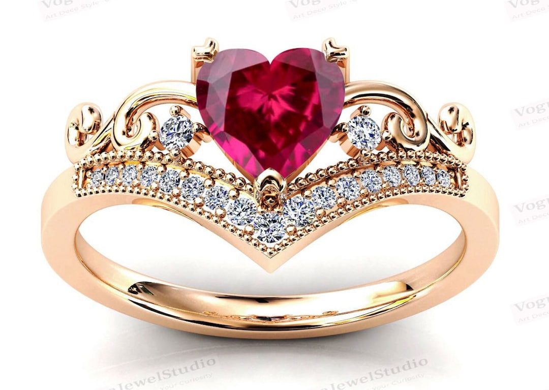 Art Deco Heart Shaped Ruby Wedding Ring 14k Gold Red Ruby Engagement ...