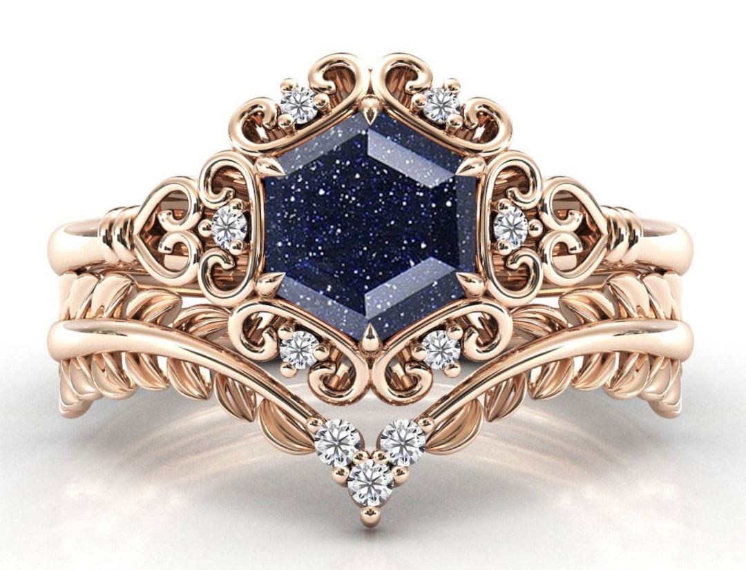 Galaxy Star Blue Sandstone Engagement Ring Set Hexagon Shaped Blue ...
