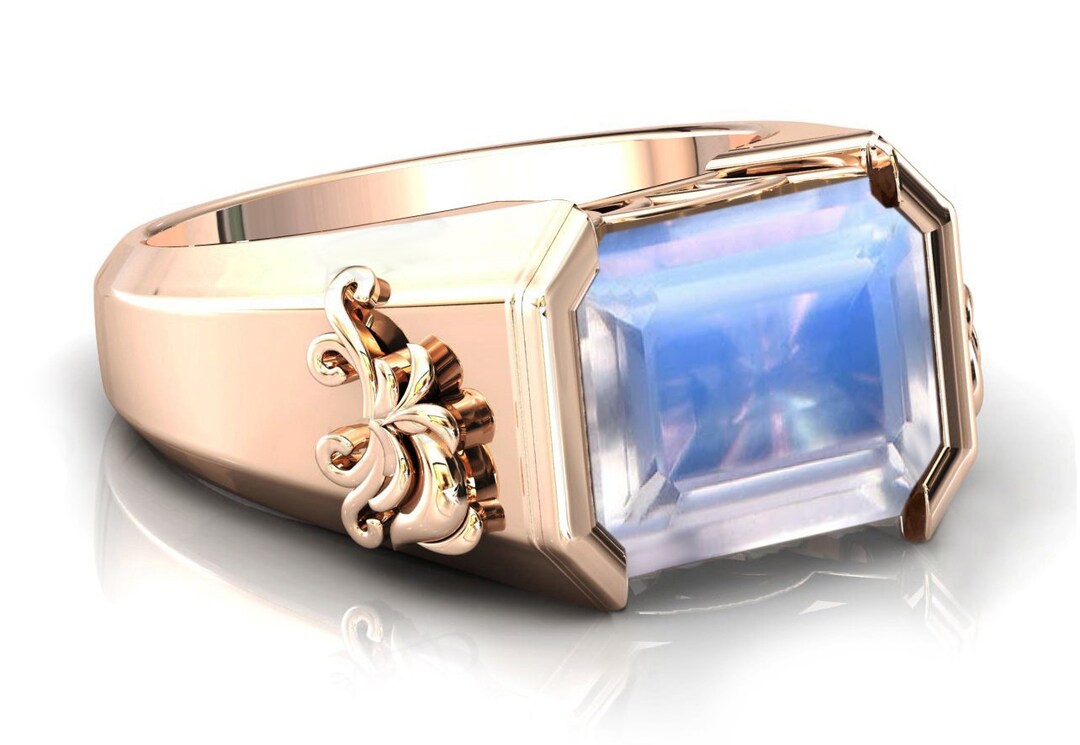 Rainbow Moonstone Signet Ring for Man Emerald Cut Moonstone Ring ...