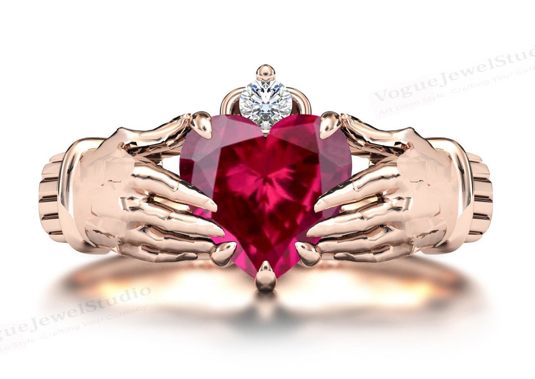 Claddagh Style Ruby Engagement Ring Heart Shape Ruby Gemstone Wedding ...