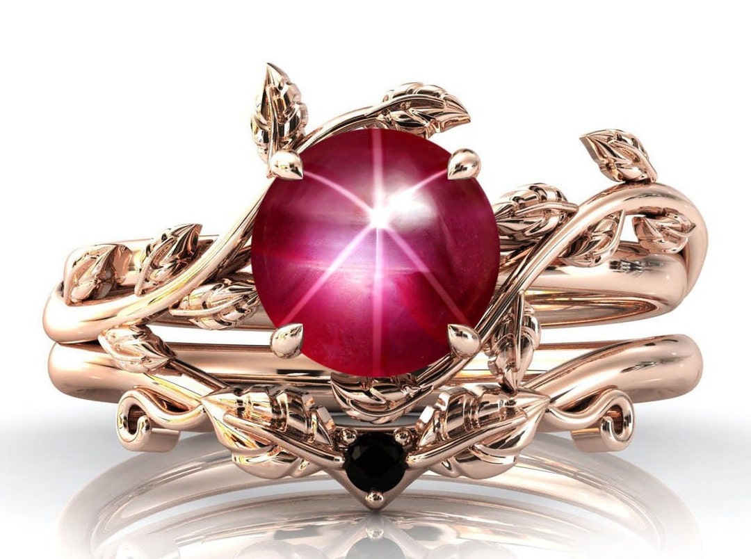Art Deco Vine Leaf Style Ruby Star Engagement Ring Set Unique 2 Pcs ...