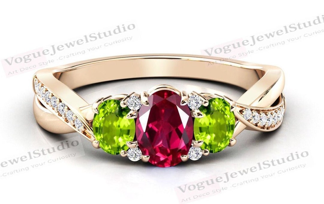 Art Deco Red Ruby Wedding Ring for Women 14k Rose Gold Peridot Cluster Engagement Ring Vintage ...