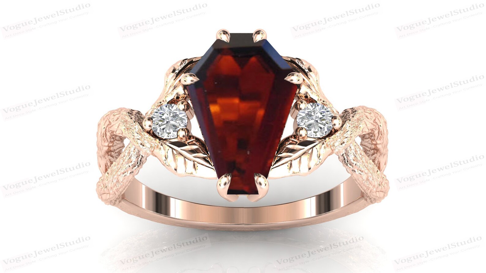 Coffin Shaped Garnet Engagement Ring Nature Inspired Red Garnet Wedding ...
