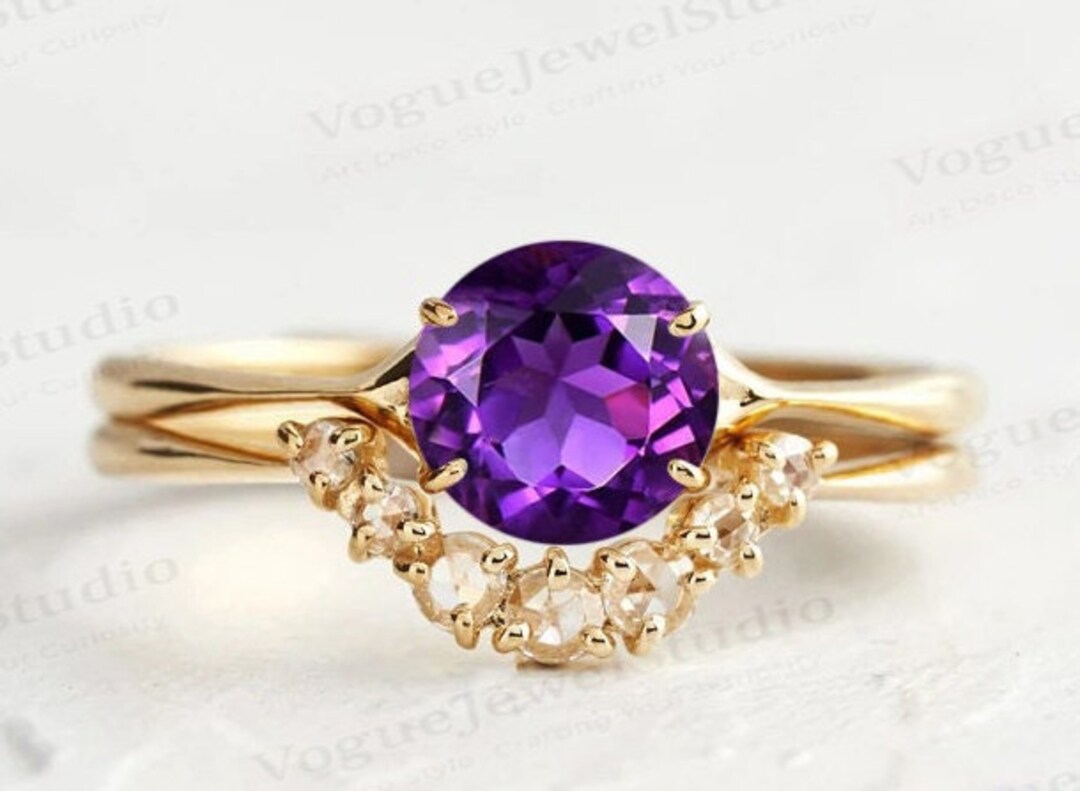 Natural Amethyst Engagement Ring Set 14k Rose Gold Amethyst Art Deco ...