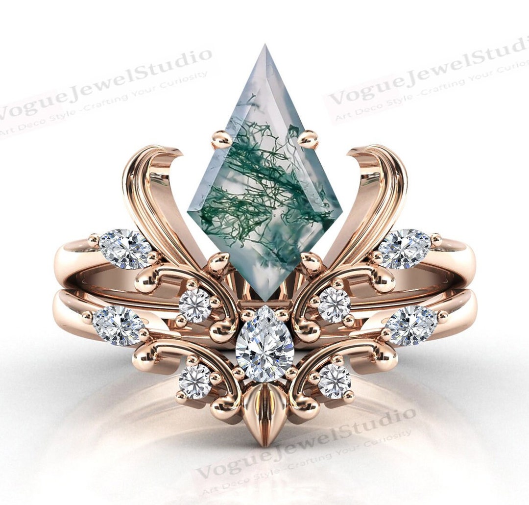 Kite Shape Moss Agate Engagement Ring Set 14k Gold Moss Agate Art Deco ...