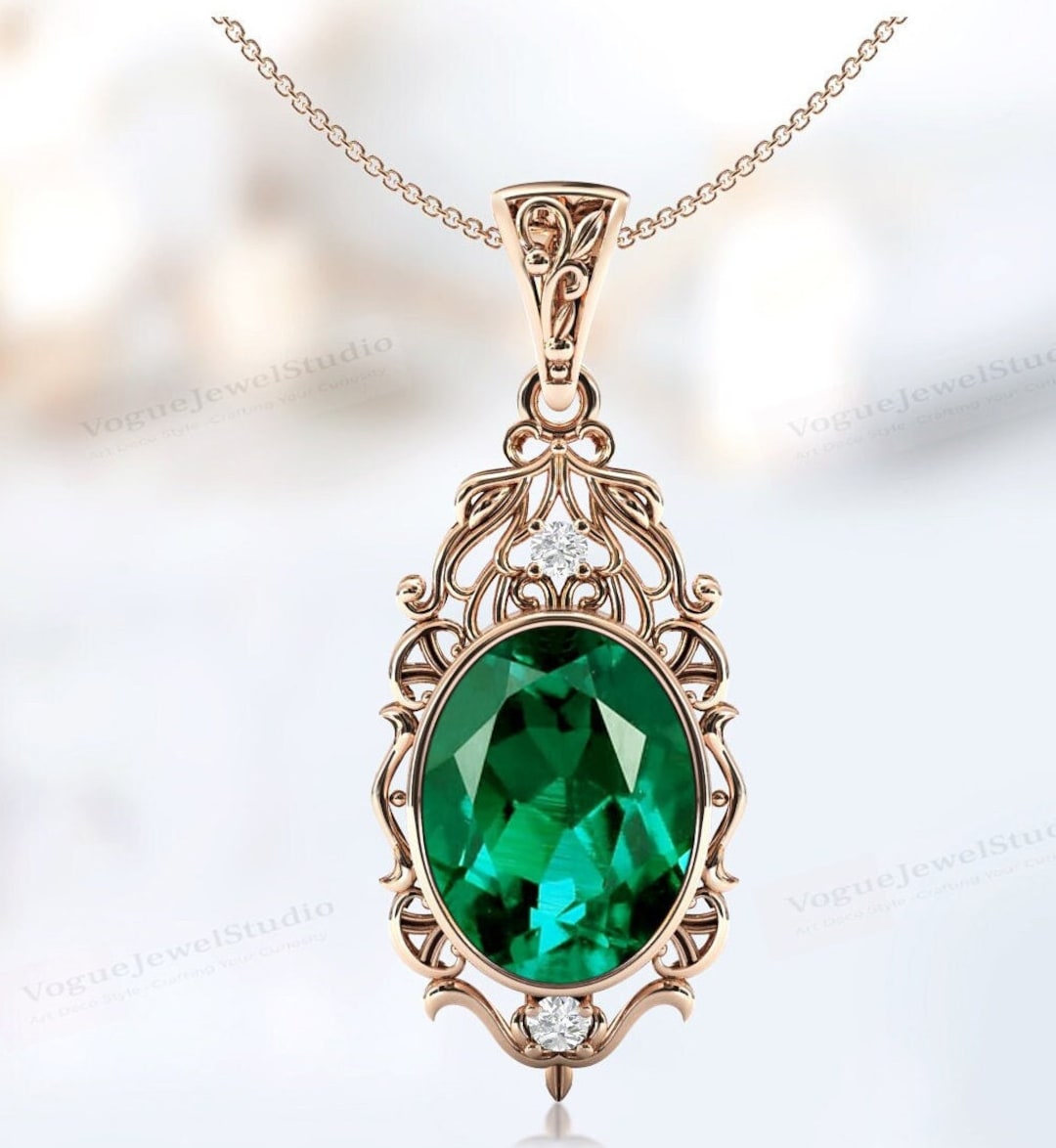 Antique Emerald Pendant for Women Rose Gold Emerald Wedding Pendant Art ...
