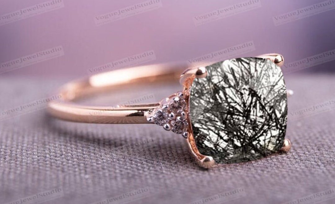 Black Rutilated Quartz Engagement Ring Cushion Cut Rutile Quartz ...