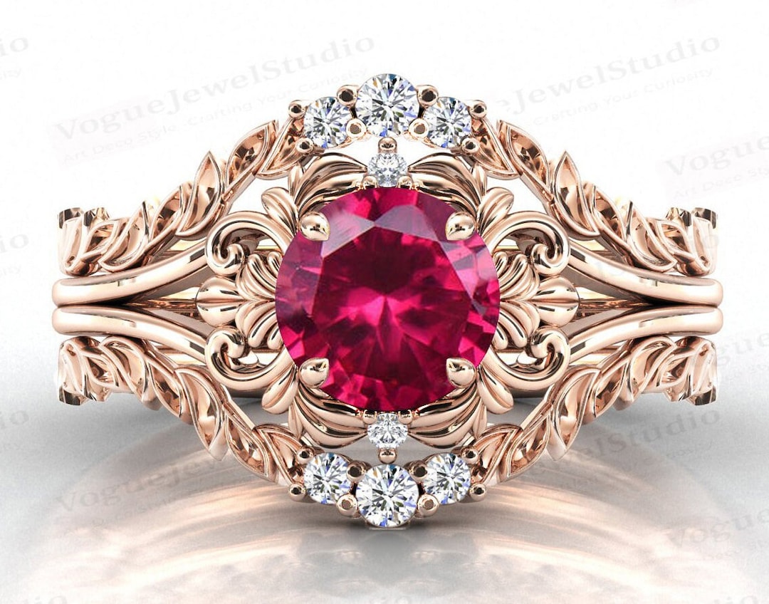 Antique Ruby Engagement Ring Set Vintage Ruby Floral Wedding Ring Set ...