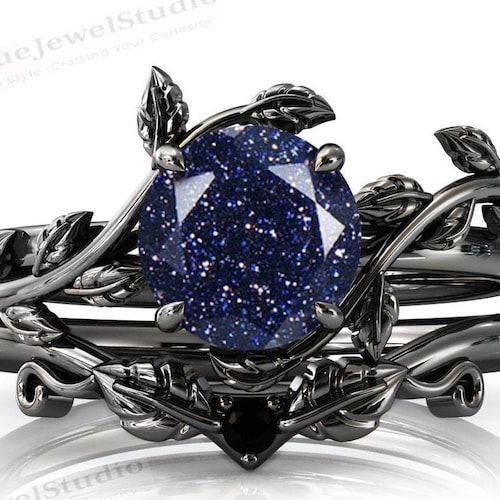 Galaxy Blue Sandstone Wedding Ring Set Sterling Silver Art - Etsy