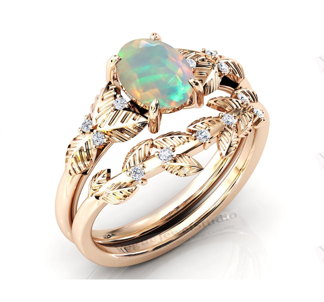 Art Deco Leaf Style Opal Wedding Ring Set Natural Fire Opal Engagement ...