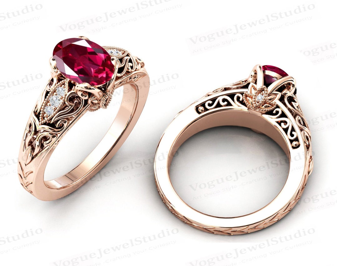 Art Deco Red Ruby Engagement Ring 14k Gold Ruby Antique Wedding Ring ...