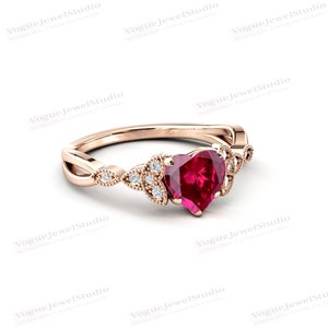 Unique Heart Shaped Ruby Engagement Ring Rose Gold Red Gemstone Wedding Ring Vintage Ruby Bridal ...