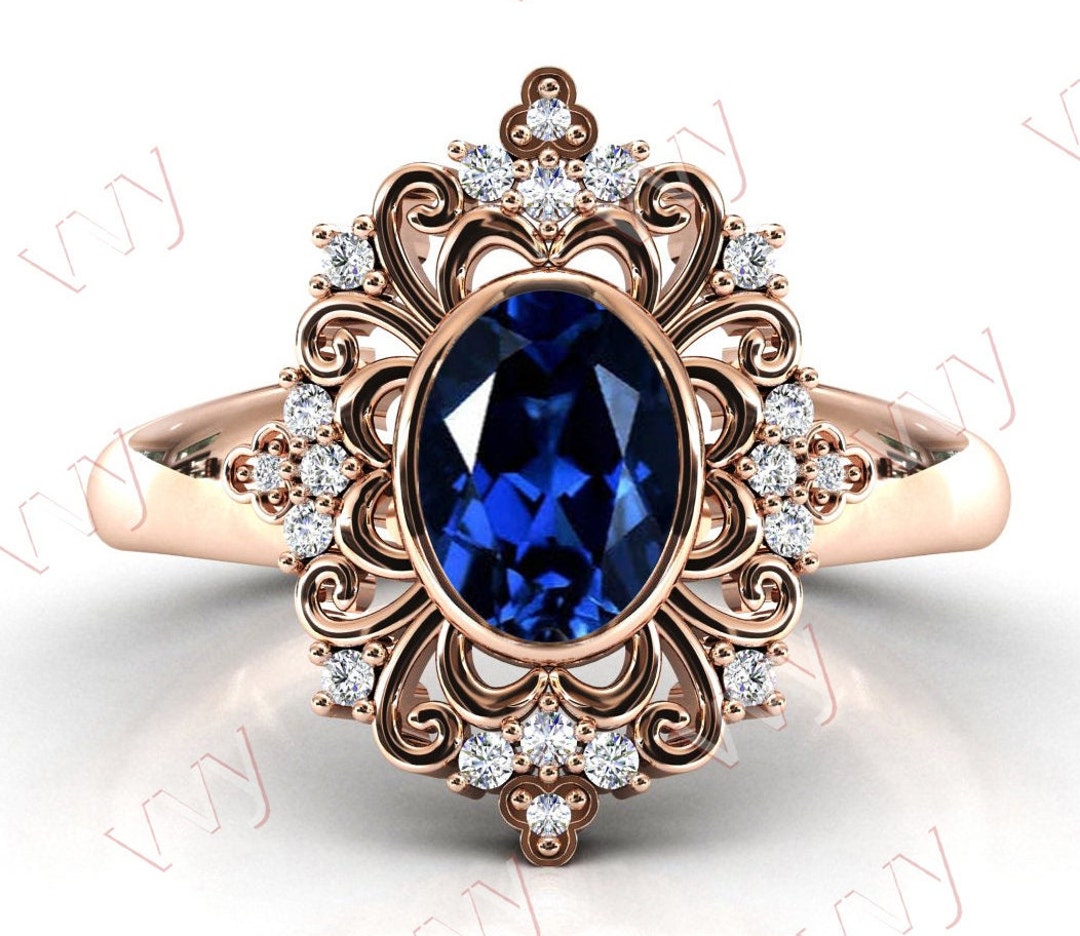 Art Deco Blue Sapphire Engagement Ring Rose Gold Blue Sapphire Antique ...