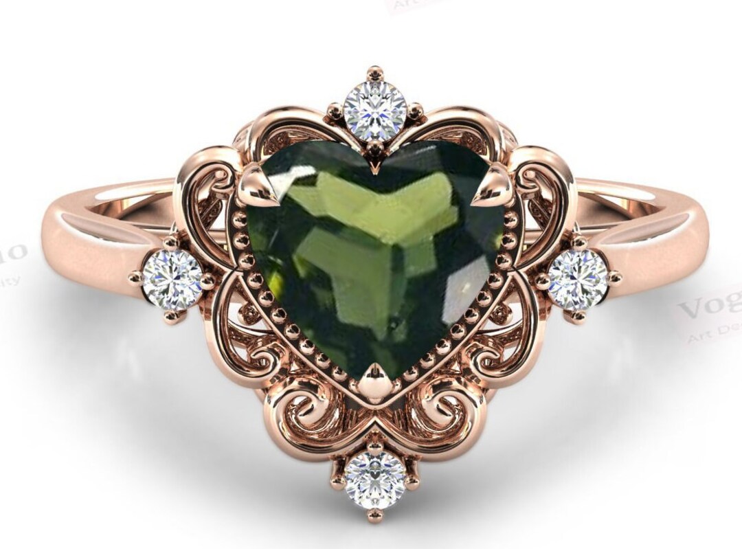 Heart Shape Moldavite Engagement Ring Art Deco Moldavite Wedding Ring ...