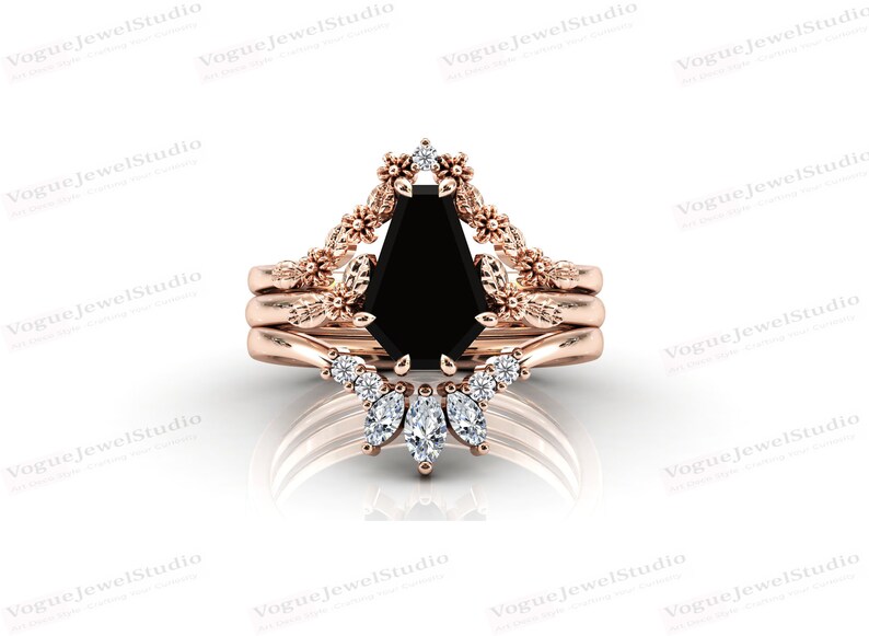 Art Deco Floral Coffin Shaped Black Gemstone Ring Set Vintage - Etsy