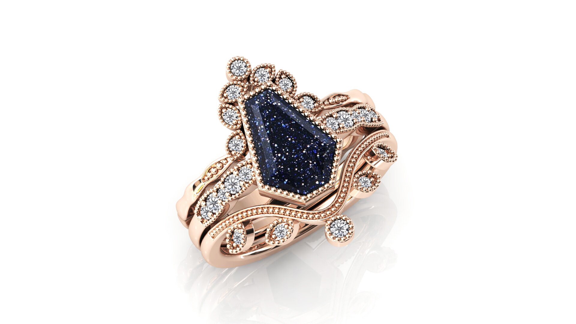 14k Gold Blue Sandstone Engagement Ring Set for Women Coffin - Etsy