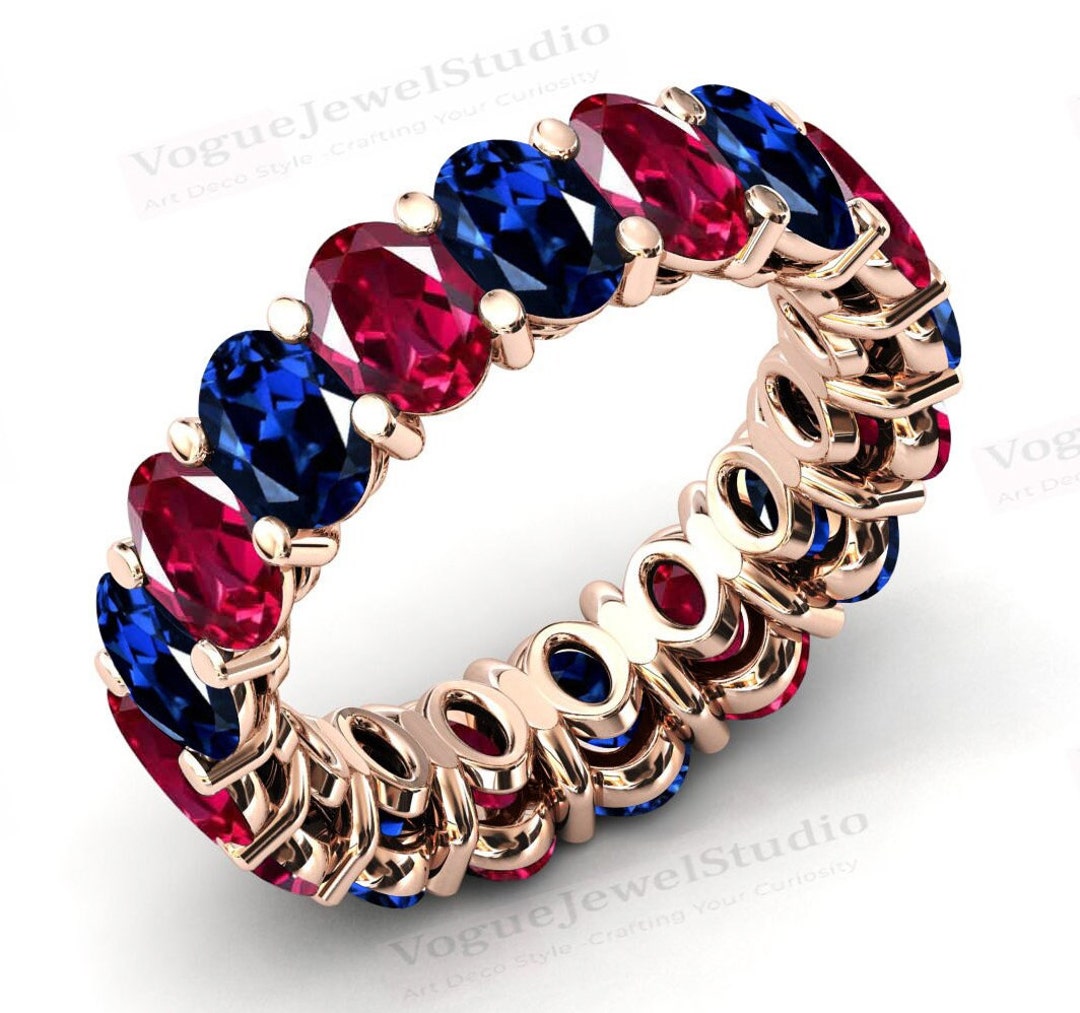 Art Deco Ruby & Blue Sapphire Eternity Band for Women Unique Red Ruby ...