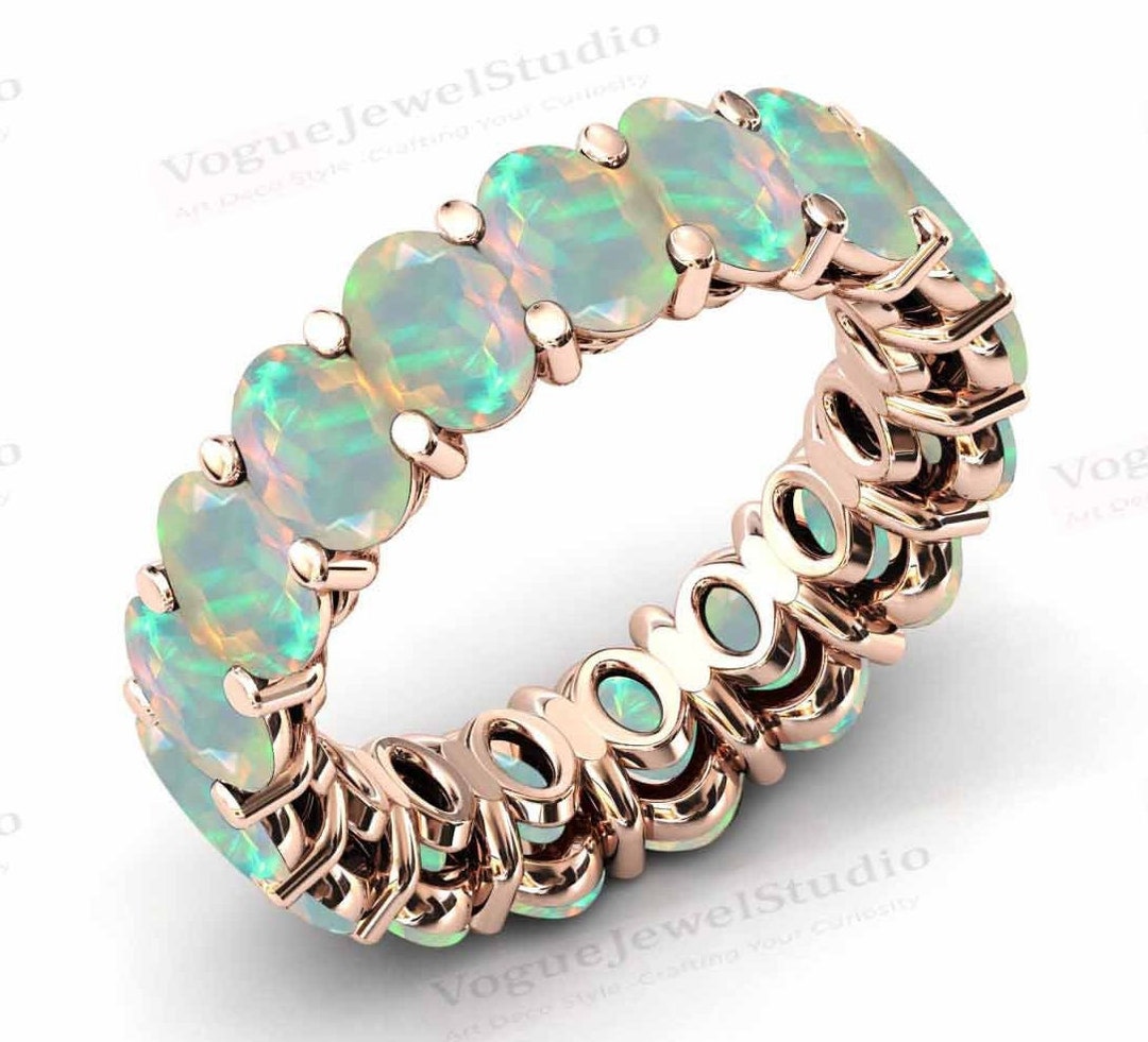 Natural Opal Eternity Band for Women 14k Gold Opal Engagement Band Rose ...