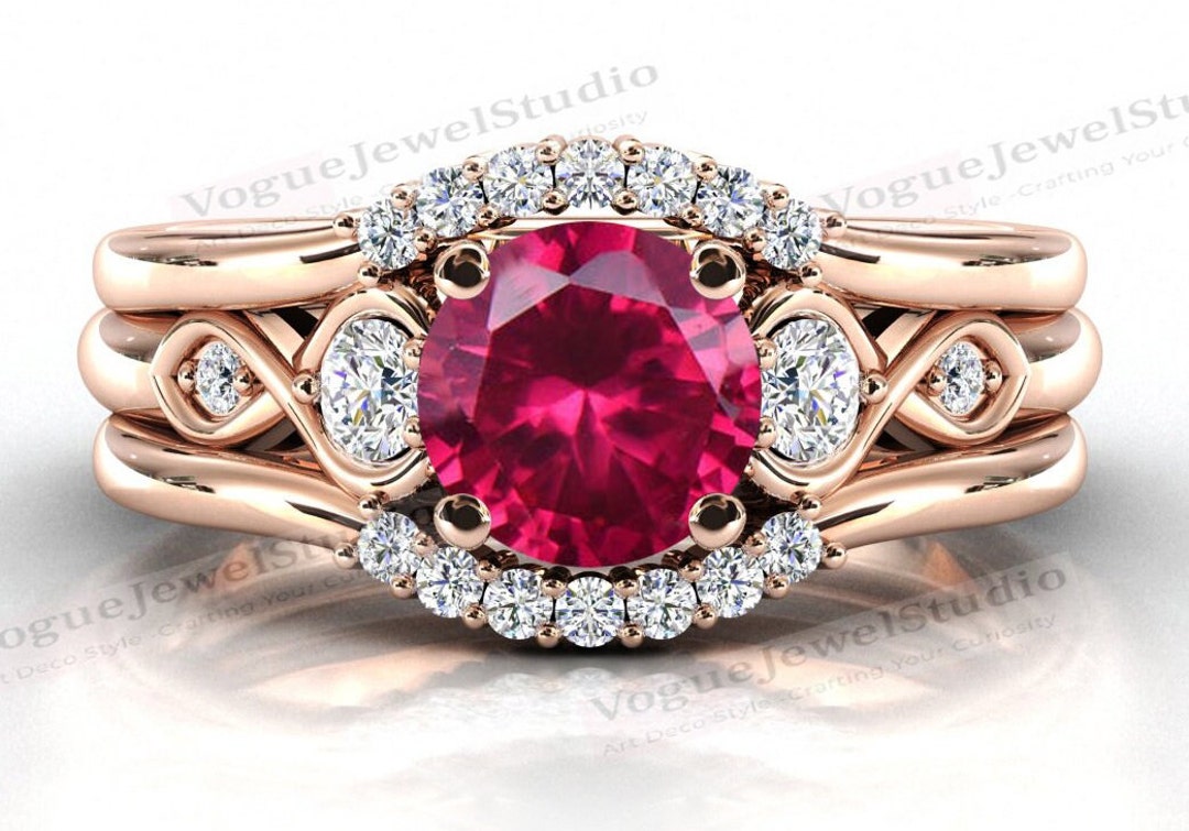 Art Deco Ruby Engagement Ring Set Antique Vintage Ruby 3 Piece Wedding ...