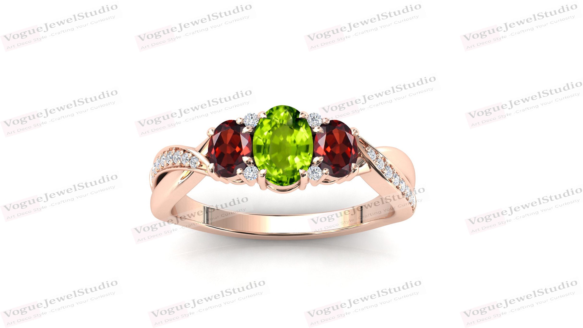 Green Peridot Engagement Ring Art Deco Three Gemstone Ring Oval Cut Red ...