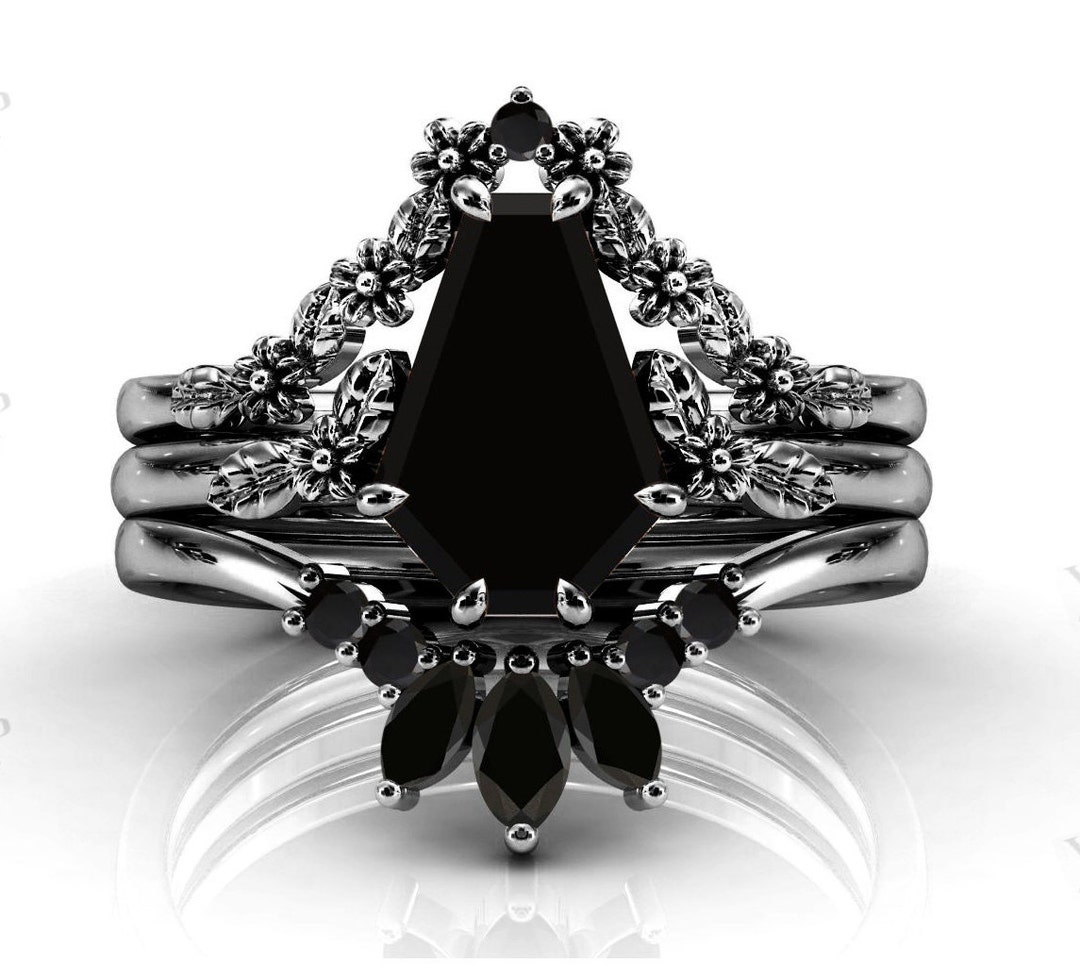 Art Deco Floral Coffin Shaped Black Gemstone Ring Set Vintage Black Onyx Engagement Ring Set 925 ...