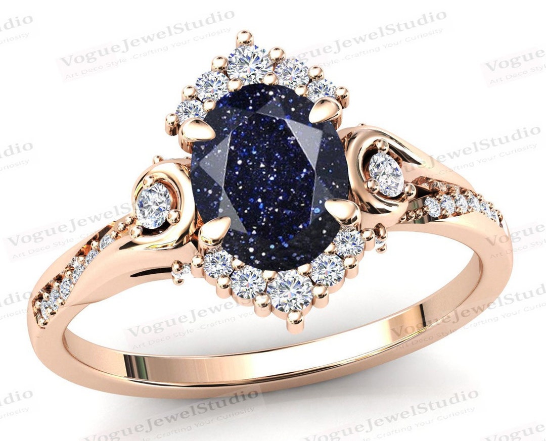 Galaxy Blue Sandstone Engagement Ring 14k Gold Blue Sandstone Wedding ...