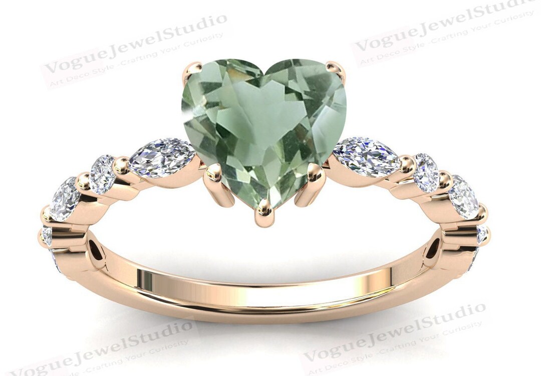 Heart Shaped Green Amethyst Engagement Ring Rose Gold Green Amethyst ...