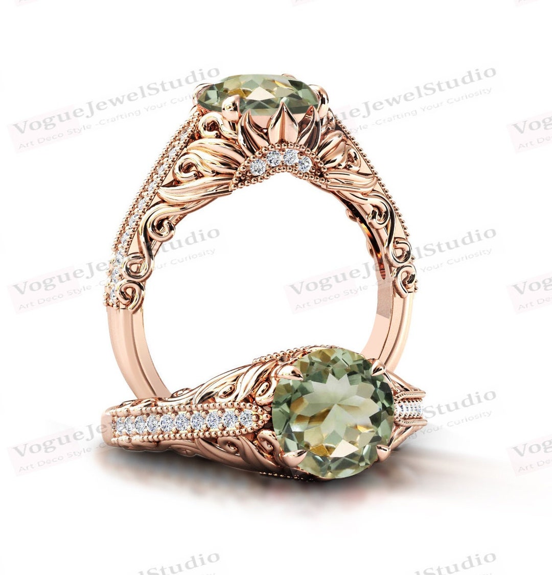Antique Green Amethyst Engagement Ring 14k Gold Green Amethyst Leaf ...