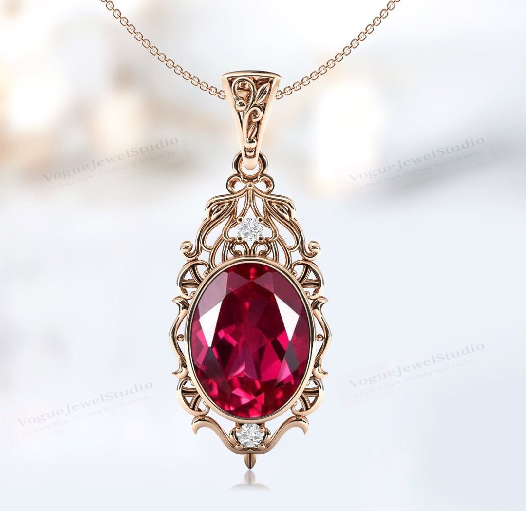 Vintage Ruby Pendant for Women Rose Gold Ruby Wedding Pendant Unique Red Gemstone Pendant Art ...