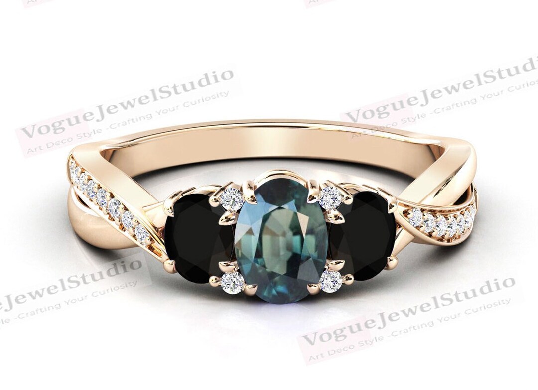 Color Changing Teal Sapphire Engagement Ring Rose Gold Black Onyx ...