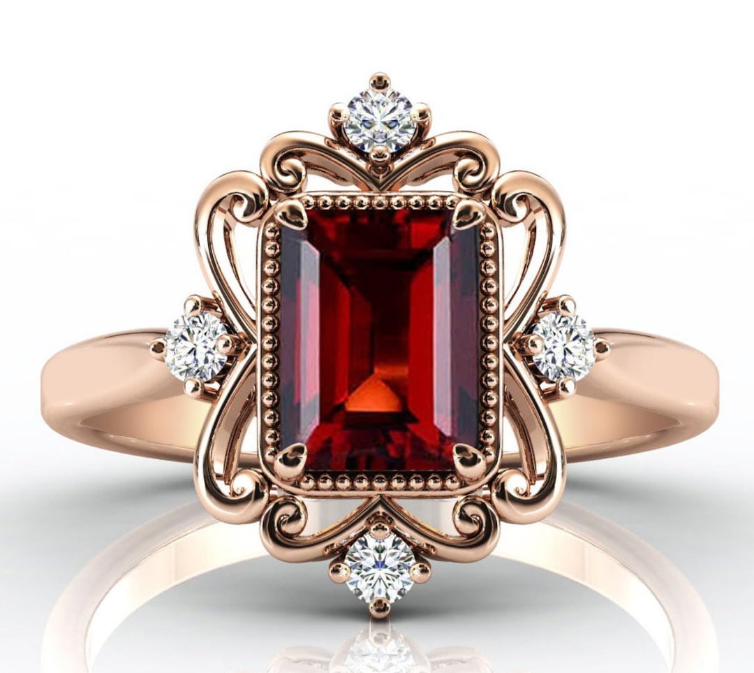 Art Deco Red Garnet Engagement Ring Emerald Cut Garnet Wedding Ring 14k ...