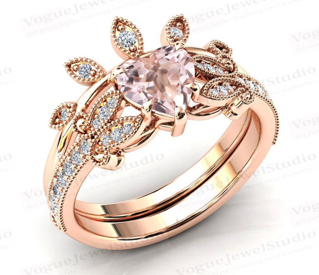 Heart Shaped Morganite Engagement Ring Set Art Deco Morganite Leaf ...