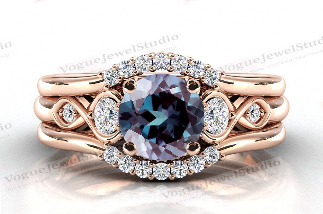 14k Gold Alexandrite Engagement Ring Set Vintage Alexandrite 3 Piece ...