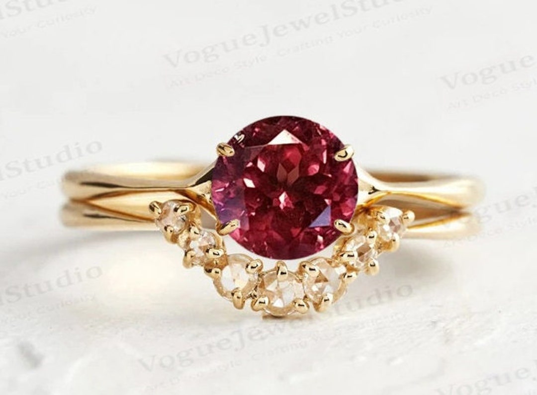 14k Gold Dainty Malaya Garnet Engagement Ring Set Vintage Malaya Garnet ...