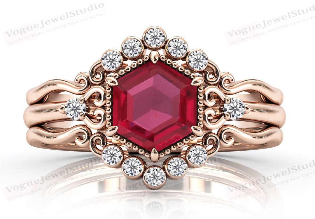 Hexagon Shaped Ruby Engagement Ring Set Art Deco Ruby Wedding Ring Set ...