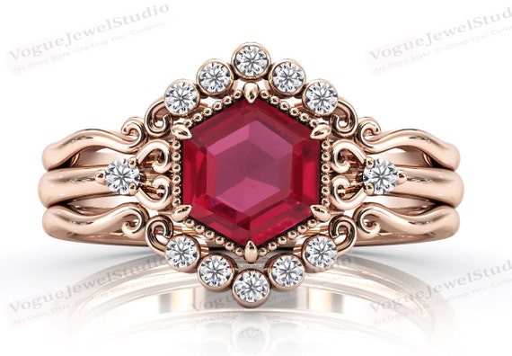 Hexagon Shaped Ruby Engagement Ring Set Art Deco Ruby Wedding - Etsy