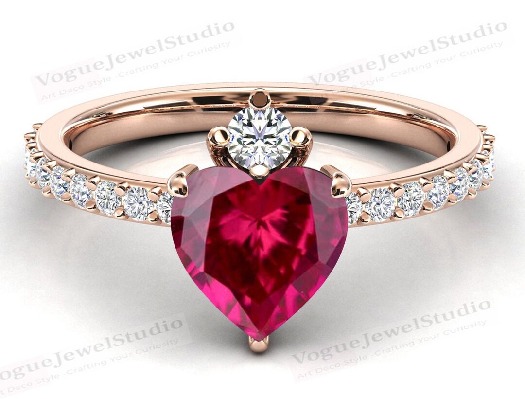 Art Deco Heart Shaped Red Ruby Engagement Ring 14k Gold Ruby Solitaire ...